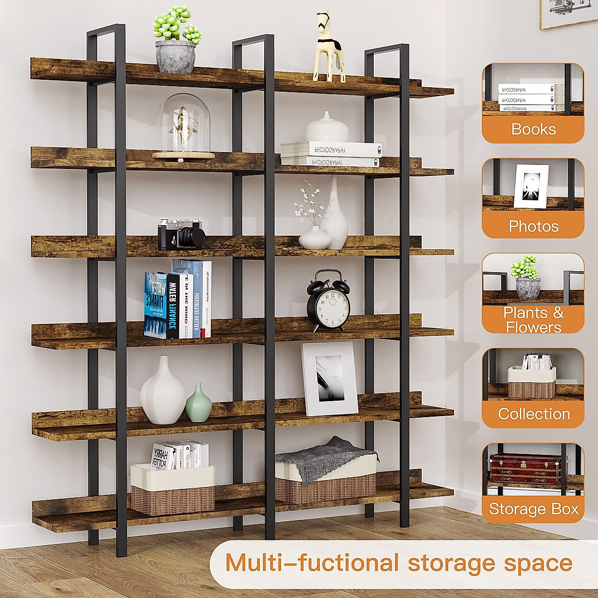 FRAPOW 83Inch Industrial Bookshelf and Bookcase, Double Wide 6 Tier Large Vintage Book Shelf with Metal Frame Open Bookshelves for Living Room Home Office