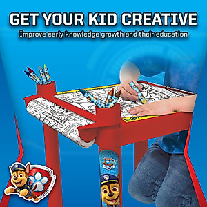 Paw Patrol Activity Coloring Table with Art Paper Roll, Plastic Desk Holder, Crayons & Stickers - Color & Craft Art Table - Red Activity Floor Desk, Ages 3-6