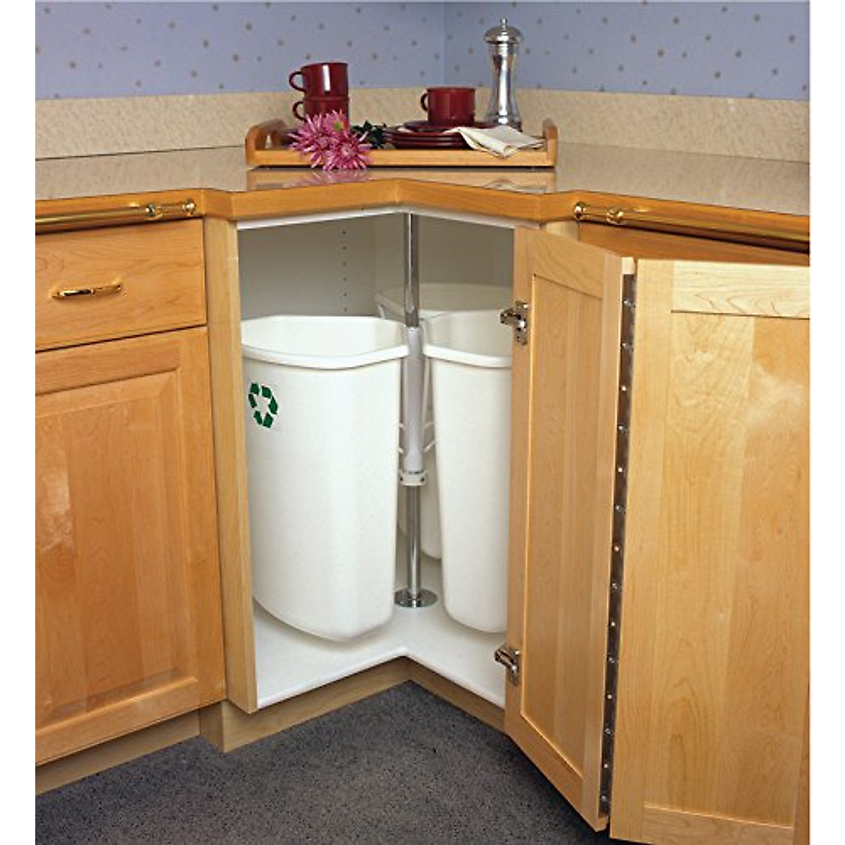 Kitchen Inventions Rotating Corner Base Cabinet Recycling Trash Center with Three Bins 3 x 32 qts Capacity Chrome/White