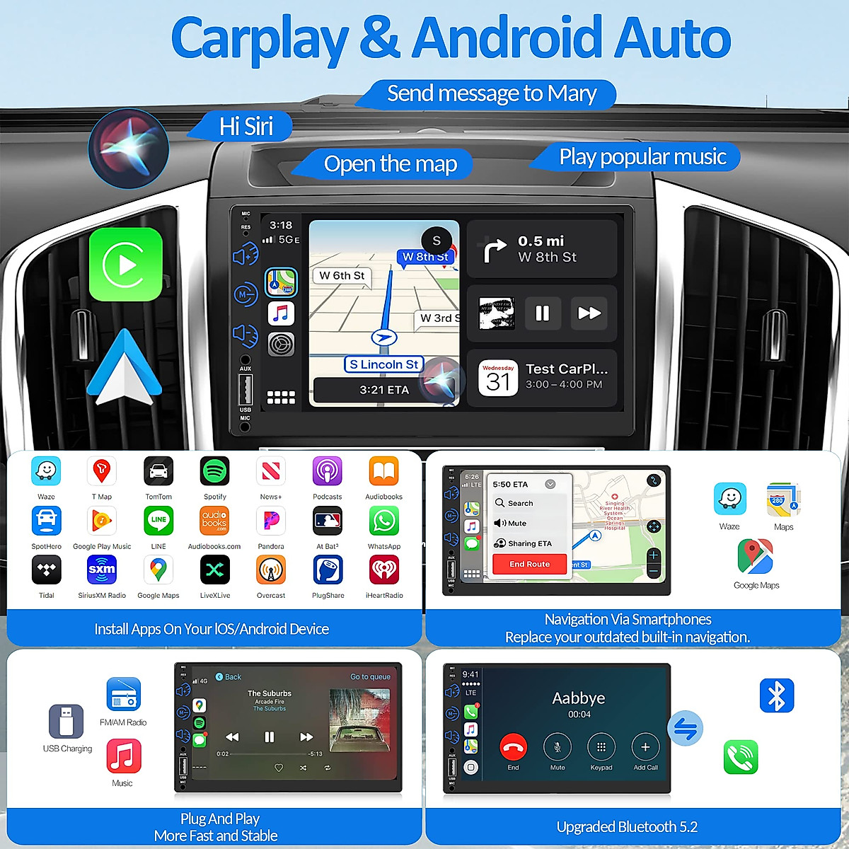 Double Din Car Stereo Radio Voice Control Apple Carplay & Android Auto,7 Inch Touchscreen Car Stereo,Car Radio Multimedia Player Bluetooth 5.2,Mirror Link,Backup Camera,Subwoofer, AM/FM Radio Receiver