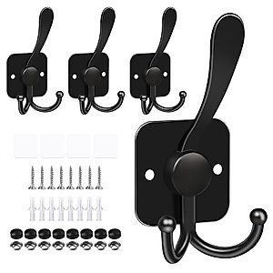 VIS'V Coat Hooks Wall Mount, Black Metal Coat Tri Hooks Heavy Duty Adhesive 3 Prong Coat Hanger Hooks Door Wall Coat Rack Hooks for Livingroom Bathroom Camper 2 Mount Options - 4 Pcs