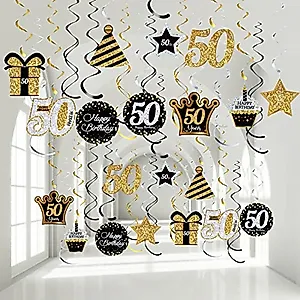 50th Birthday Party Decorations for Men Women 50 Years Cheers Birthday Party Hanging Swirls Gold Glitter Happy Birthday Decorations Celebration Old Party Supplies Ceiling Decor, 30CT