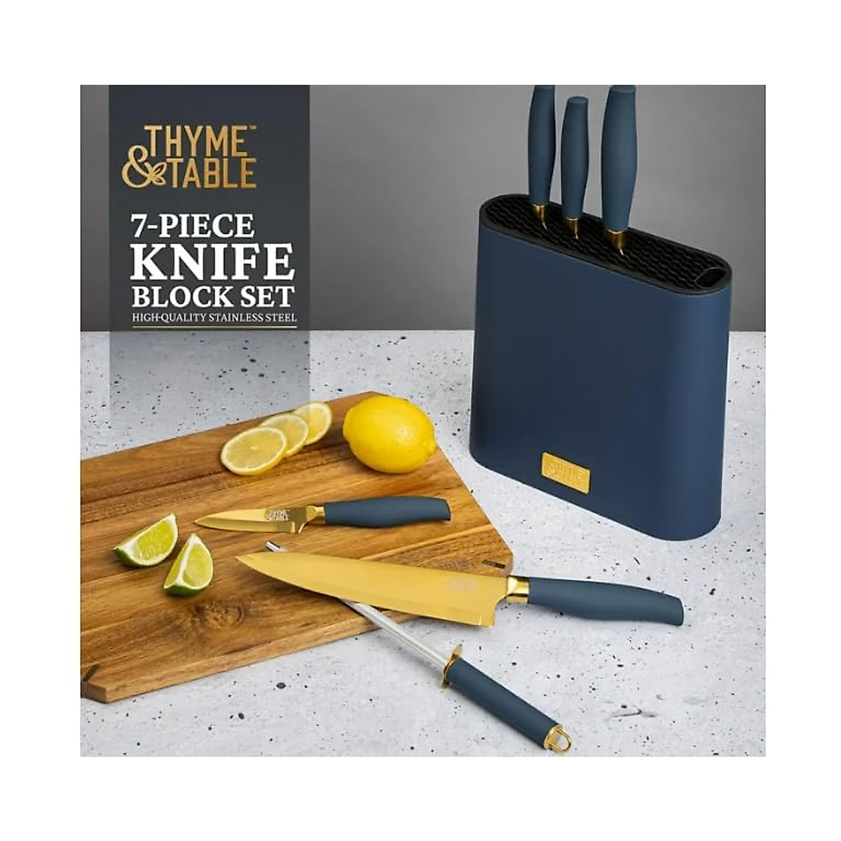 Generic Beautiful 7-Piece Slim Block Knife Set with Gold Blades and Blue Block
