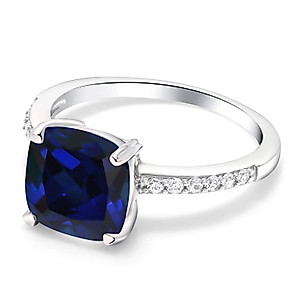Gem Stone King 925 Sterling Silver Blue Created Sapphire Engagement Ring For Women (2.62 Cttw, Cushion Cut 8MM, Available in size 5, 6, 7, 8, 9)