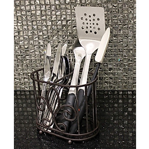 Dependable Metal Wire Cutlery and Utensil Storage Organizer Bin for Kitchen, Pantry, Table and Countertop - Utensil Caddy Holds Forks, Knives, Spoons, Spatulas - 2 Section - Bronze