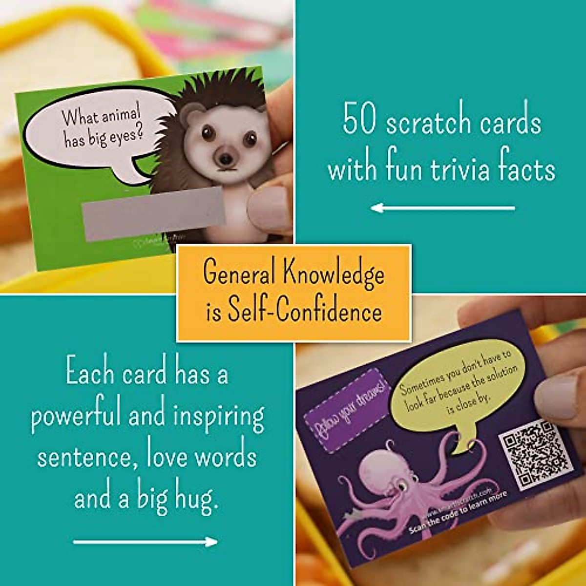 Smarti Scratch 50 Lunch box Trivia notes for kids, with QR code that will take them to expended answer & Inspirational and Motivational Thinking of You Notes Cards for Boys & Girls ages 9-11