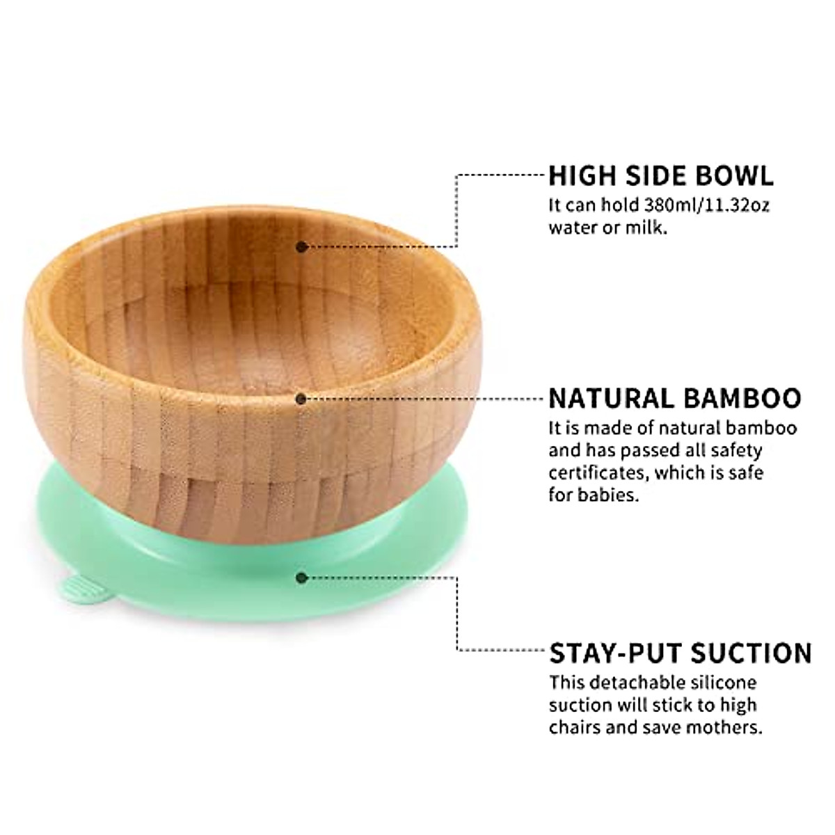 Baby Bamboo Suction Plate, Bowl and Spoon set - Wooden Feeding Set for Toddler 1-3 Year Old - Silicone Suction Sticks to Most High Chairs for Non Slip & Silicone Spoon Tips with Wood Handle - BPA Free