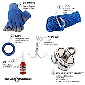 1225lb Double Sided Fishing Magnet Bundle Pack - Includes 6mm 100ft High Strength Nylon Rope with Carabiner, Non-Slip Nylon Gloves, Threadlocker, Grappling Hook & Tape (Complete Kit)