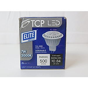 TCP LED712VMR16V30KFL MR16 LED Lamp 7 Watt 2-Pin GU5.3 Base 500 Lumens 82 CRI 3000K Halogen White Elite