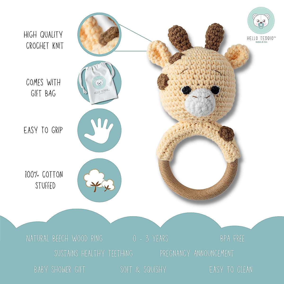 Hello Teddio Baby Rattle Teething Toy, Smooth Wooden Easy Grip Ring, Gender Neutral Baby Gifts