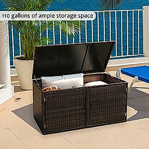 Outdoor 110 Gallon Rattan Deck Box, Wicker Patio Storage Cabinet Waterproof Storage Double Openable Door Cabinet Rattan Storage Deck Box with Lid and Separate Storage Shelf for Garden, Patio, Porch, Yard, can Store Cushions, Tools, Toys,Brown