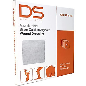 DERMA SOLU 4” x 4” Silver Calcium Alginate Wound Dressing Alginate w/Silver Sterile (4" x 4" (5 Dressings))