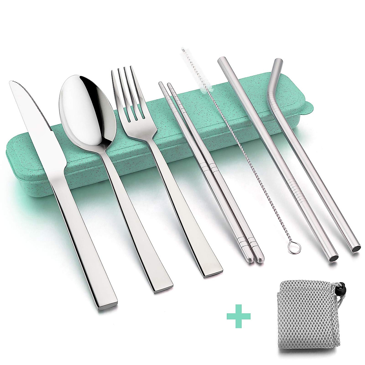 HaWare Portable Travel Utensils with Case, Stainless Steel Silverware Set for Camping Office School Lunch, Including Knife Fork Spoon Chopsticks, Reusable and Dishwasher Safe(Green)