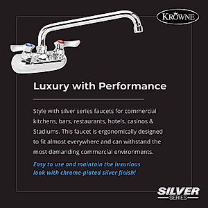 Krowne Wall Mount Kitchen Faucet - Utility Sink 4” Center Mount, 10" Swing Spout, ½” NPT Male Inlet, 2 GPM Flow Rate, Ceramic Valve Chrome Plated Finish, Lever Handle, Silver Series Plumbing
