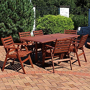 Sunnydaze 7-Piece Meranti Wood with Teak Oil Finish Long Patio Dining Table and Chairs Set - Modern Comfortable Outdoor Dining - Patio, Deck, Front Porch, Poolside or Balcony