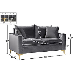 Meridian Furniture Naomi Collection Modern | Contemporary Grey Velvet Upholstered Loveseat with Stainless Steel Base in a Rich Gold or Chrome Finish, 633Grey-L