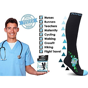 Physix Gear Compression Socks 20-30 mmHg - Men & Women - Running, Nurses, Shin Splints, Flight, Travel (BLACK / BLUE FLOWER-S/M)