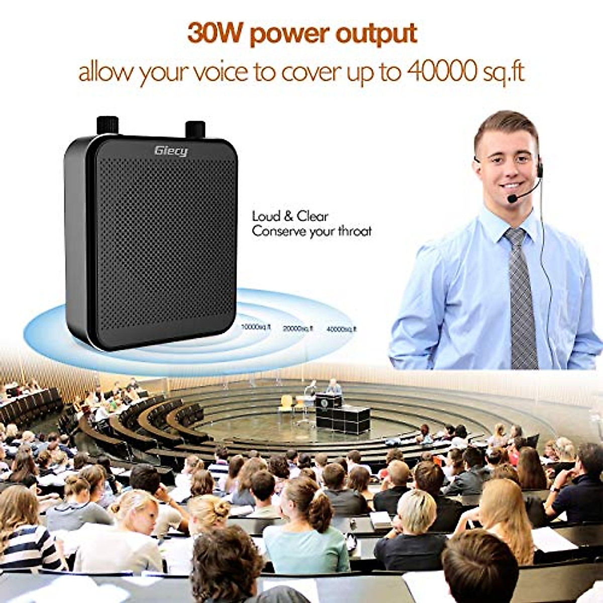 Portable Voice Amplifier, Giecy 30W 2800mAh Bluetooth Rechargeable Personal Voice Amplifier with Microphone Headset, PA System Speaker for Multiple Locations Classroom, Meetings and Outdoors