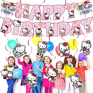 Kitty Birthday Party Supplies Banner and 8*Hanging Swirls for Kitty Birthday Decorations, Kids Boys and Girls for Birthday Party Decorations Happy Theme.