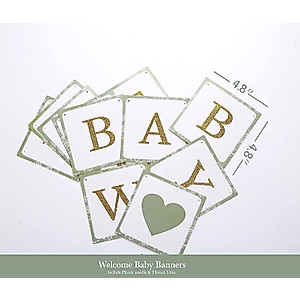 luckylibra Baby Shower Decorations,Welcome Baby Banners Paper Lantern Paper Flower Pom Poms（Sage Green Gold White）