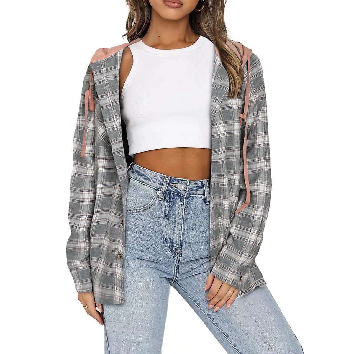 Knemksplanet Women Plaid Hooded Shirt Drawstring Flannel Sweatshirt Hoodie Jacket Casual Button Down Blouse Tops with Pocket Gray