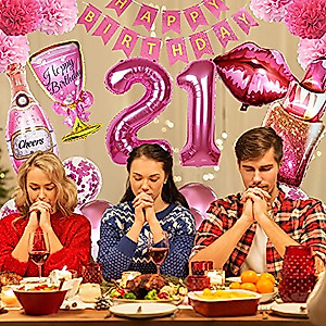 Crenics 21st Birthday Decorations for Her - Hot Pink Happy Birthday Banner, Pom Poms, 21 Number Balloon, Lipstick Champagne Balloons and 24 Latex Balloons for 21st Girls Women Birthday Party Supplies