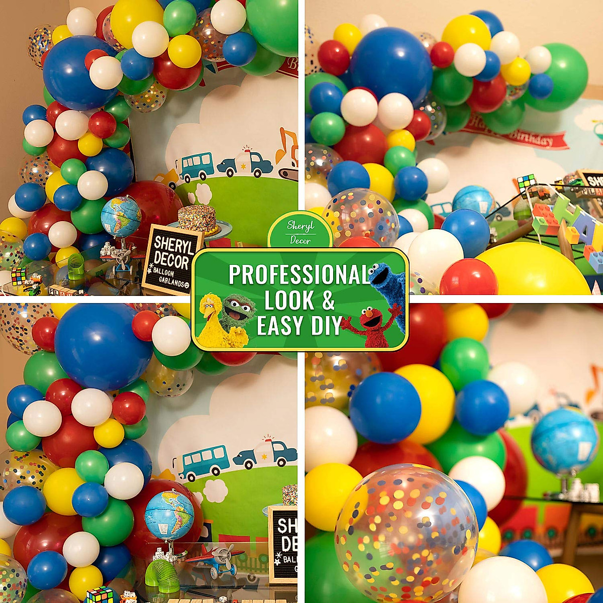 ALL-IN-1 Sesame Street Balloons Arch Kit & Garland – Small and Large Primary Color Red Blue Green Balloons – Lego Elmo Circus Carnival Super Mario Birthday Party Supplies & Decorations