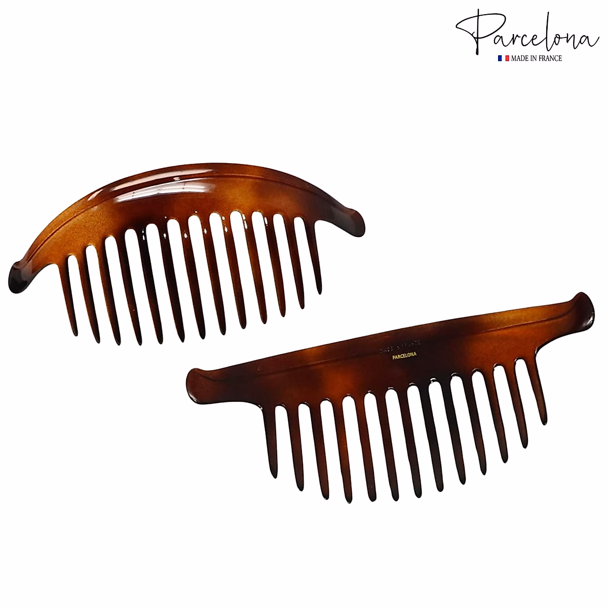 Parcelona French Banana Wide Edge Tortoise Shell Brown Extra Large 7” Celluloid 13 Teeth Set of 2 Side Hair Combs for Women and Girls