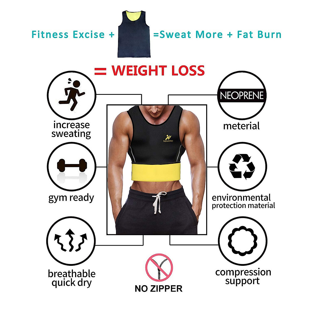NINGMI Sweat Vest for Men Neoprene Waist Trainer Tank Weighted Vest Waist Trimmer Sauna Suit Running Vest