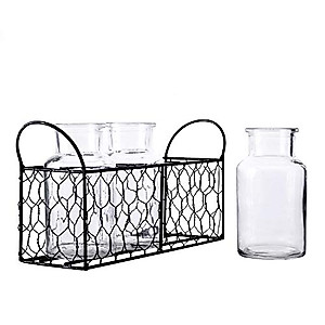 Diamond Star 3Pcs Clear Glass Milk Bottle Vases in Basket Caddy Vintage Style Jars Sets (3Pcs , 11"L X 3"W X 5.5"H)