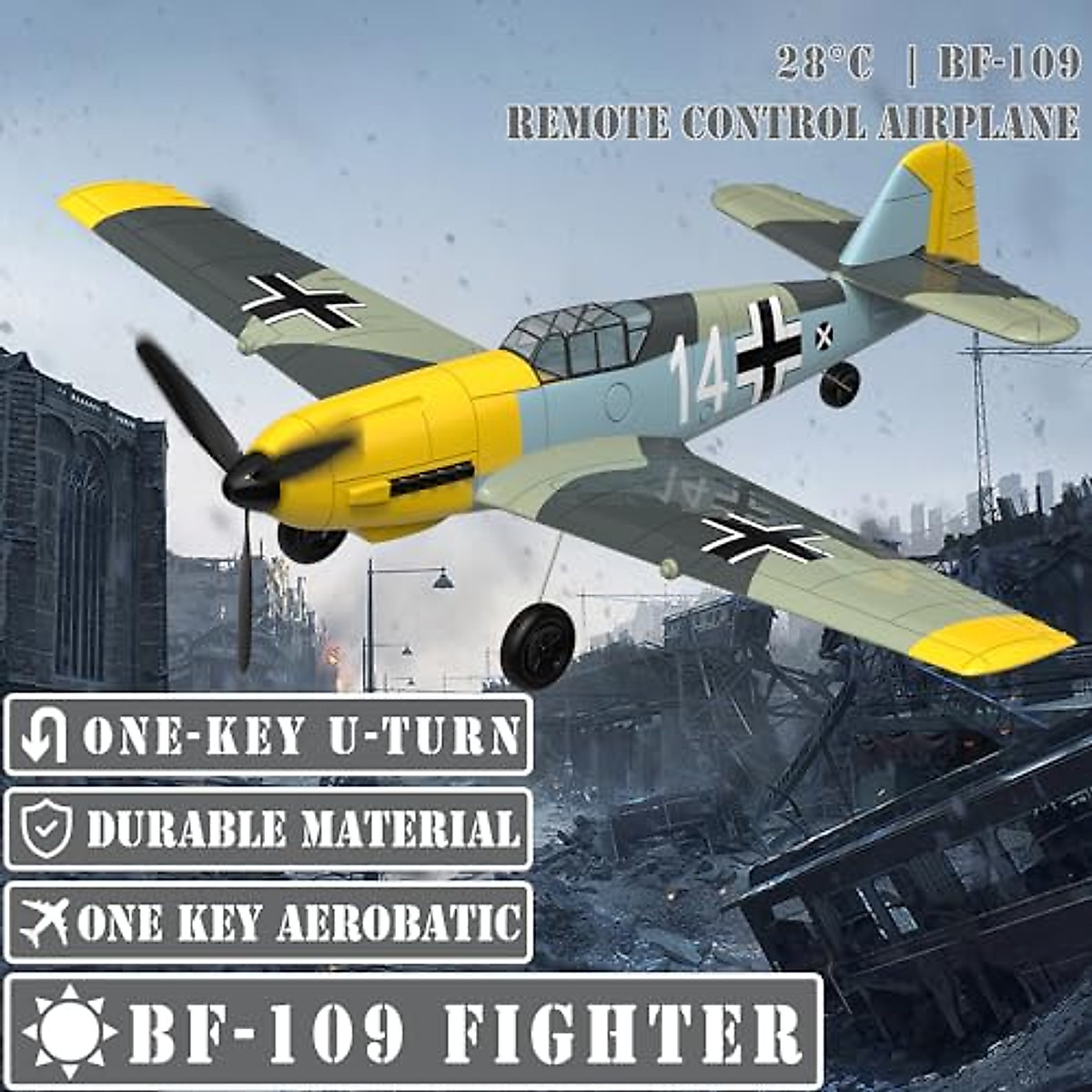 28°C RC Plane 4 Channel Remote Control Airplanes, 4-CH RC Airplane Ready to Fly BF-109 Radio Controlled Aircraft for Beginners with Xpilot Stabilization System, One Key Aerobatic Airplane(76111 RTF)