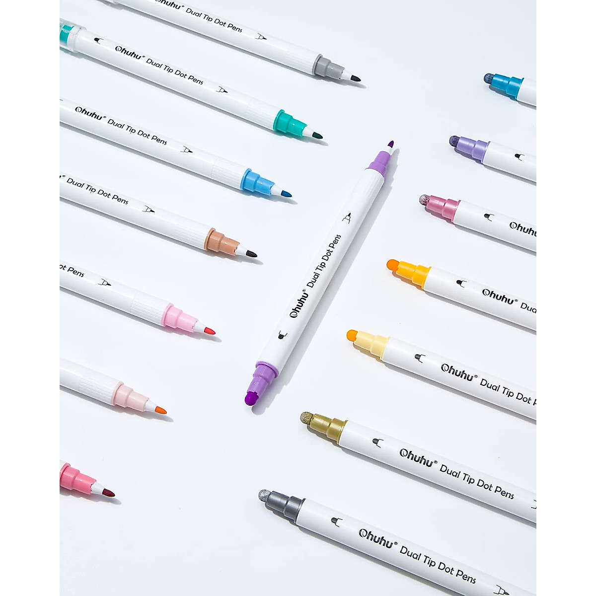 Ohuhu Dual Tip Dot Markers: 15 Colors Dot Marker Pens (Fine & Dot) for Kids Adults Water-Based Ink Metallic & Regular Colors Dot Pens for Journaling Scrapbooking DIY Highlighting Drawing Markers