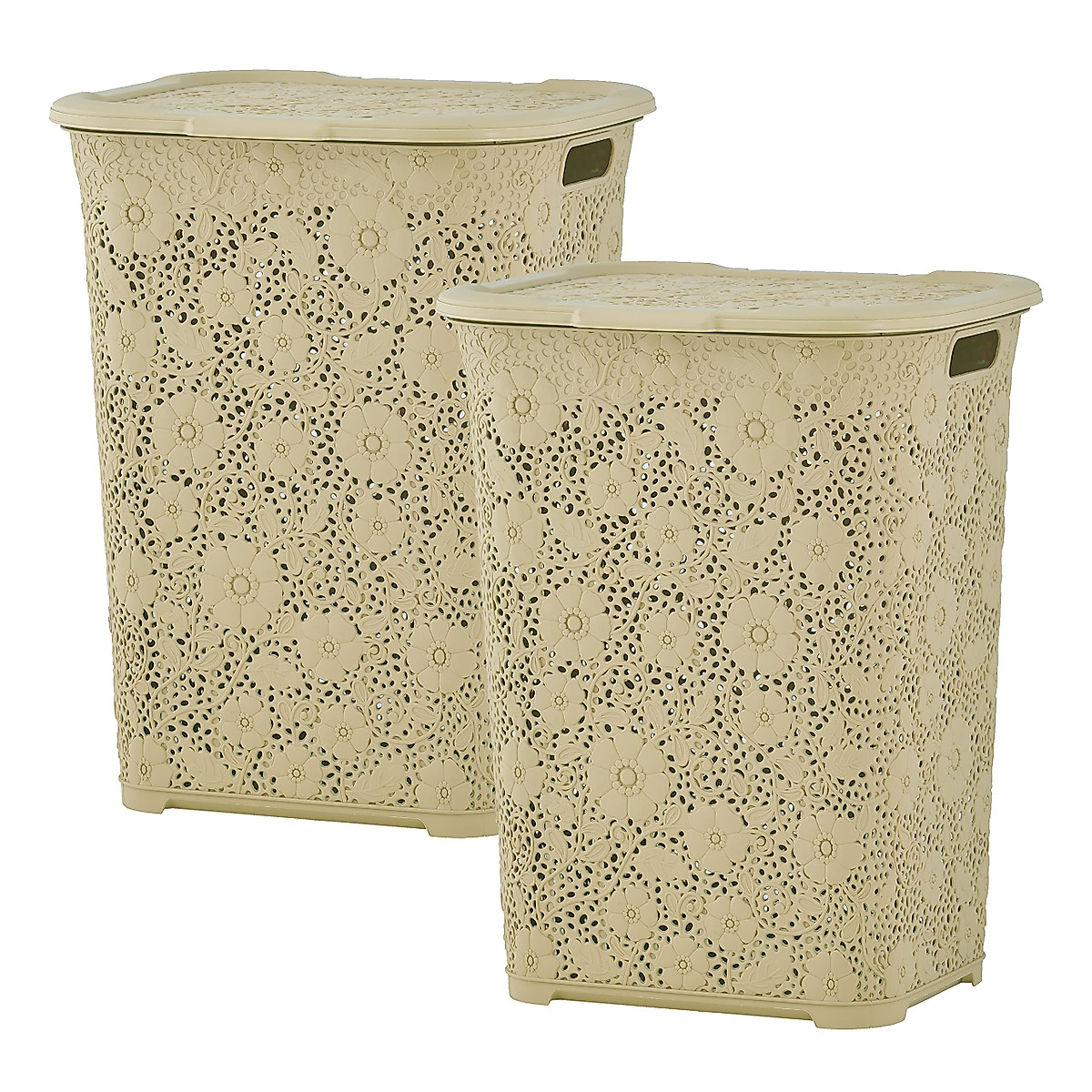 Superio Laundry Hamper with Lid Lace Design 50 Liter – 2 Pack Laundry Hamper Basket with Cutout Handles, Rectangular Shape Modern Style Bin -Dirty Cloths Storage (Beige 2 Pack)