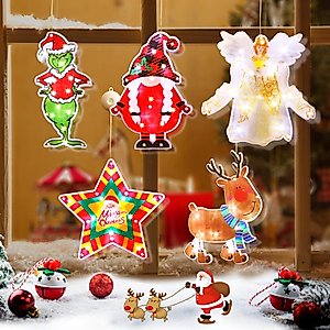 Brightown Christmas Window Lights Decorations, LED Christmas Hanging Lights Stole Green Monster Dwarf Deer Angel Star Shaped Battery Operated with Suction Cup Hook for Xmas Tree Window Indoor Decor