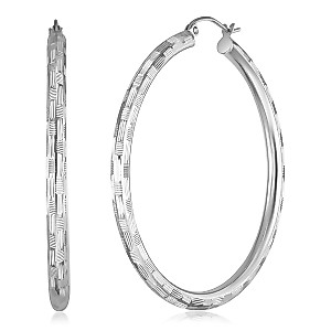 14k REAL White Gold 3mm Thickness Hinged Diamond Cut Hoop Earrings (45 x 45 mm)