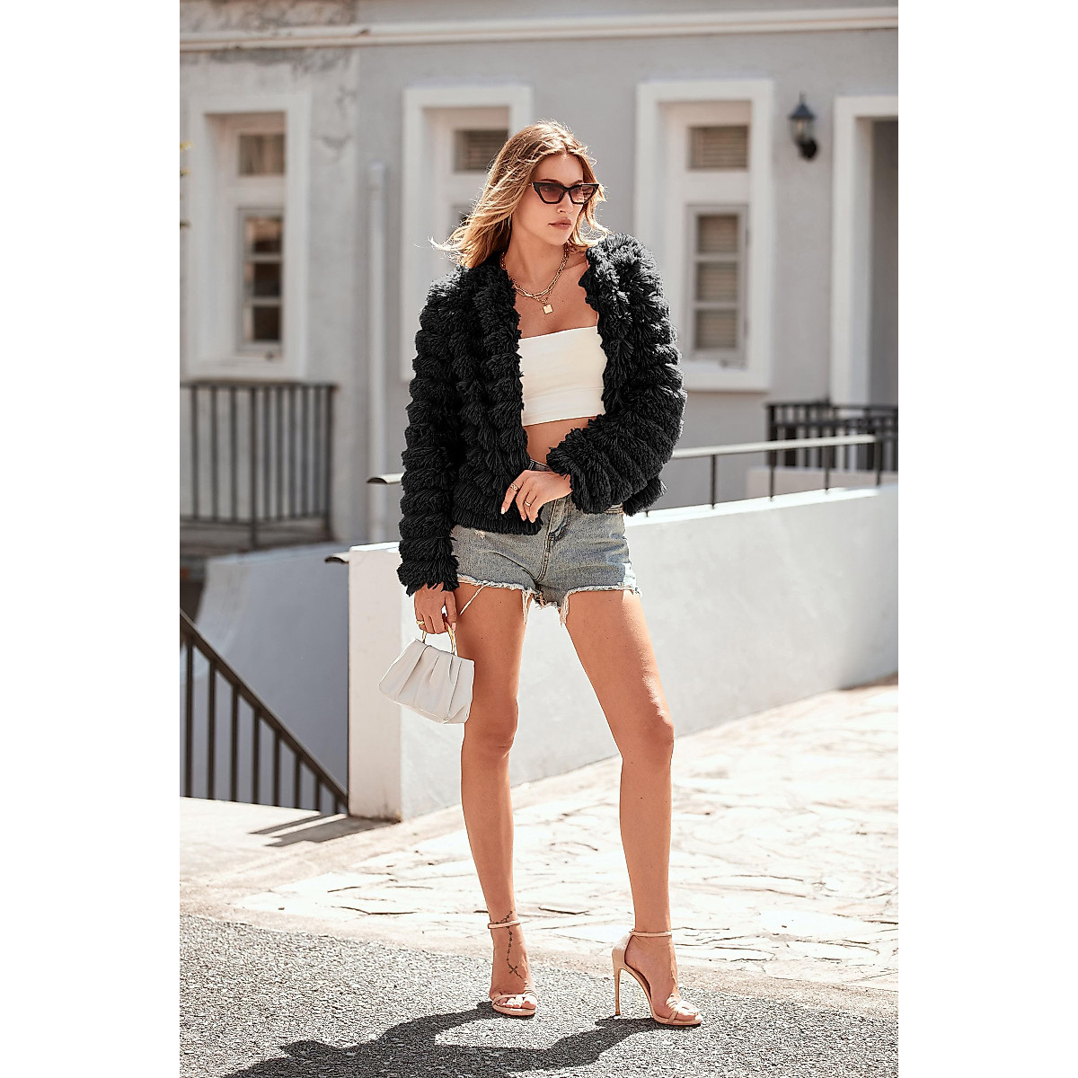 PRETTYGARDEN Womens 2024 Winter Coats Fashion Faux Fur Long Sleeve Fleece Shaggy Lightweight Fall Cropped Jacket Outerwear (Black,Medium)