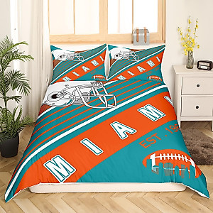 Football Sports Themed Comforter Cover, Kids American Football City Style Bedding Set 3D Rugby Helmet Design Bed Cover, American Football Competition Queen Duvet Cover,Sage Green Orange(Miami)