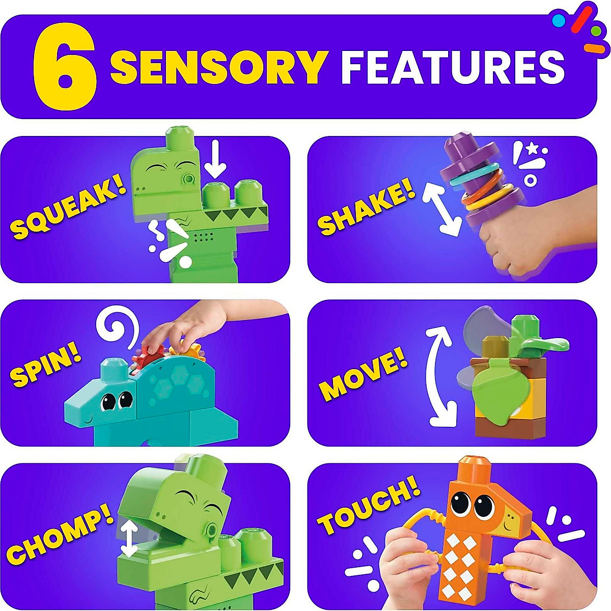 Mega BLOKS Fisher-Price Toddler Building Blocks Toy Set, Squeak ‘n Chomps Dinos with 24 Pieces, 4 Buildable Animals, Ages 1+ Years