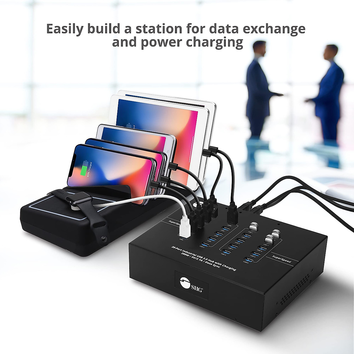 SIIG 20-Port Industrial USB 3.0 Hub with Charging - 200W, 5Gbps with 5V/2.1A per Port, Powered Multiport Hub Expander for Laptop, Tablets, Cellphone, External HDD, Keyboard and Mouse (ID-US0611-S1)