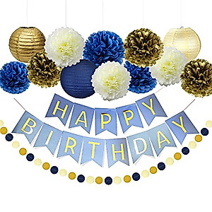 1st Birthday Boy Prince Party Supplies Navy Gold Birthday Party Decorations Blue Happy Birthday Banner Paper Star Garland Paper Flowers Tissue Paper Pom Poms Paper Lanterns for Boy First 1st Birthday