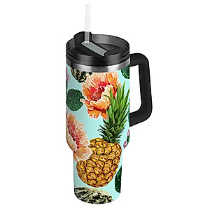 Yasala Car Tumbler with Handle Cactus Pineapple Travel Mug Coffee Cup Insulated Beverage Container Mega Cup for Hot Cold Drinking Thermos Water Bottle Cupholder Friendly 40 oz