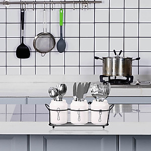 CLOTHUP Ceramic Silverware Caddy, Utensil Caddy with Metal Holder, Countertop Silverware Utensil Organizer Holder, Knives Spoons and Forks Utensil Organizer Holder for Kitchen and Party