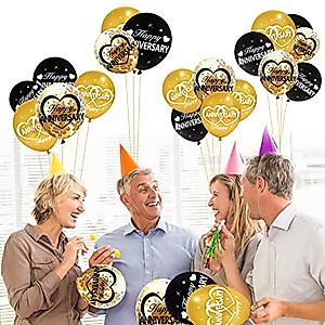 Lnlofen 30Pcs Happy Anniversary Balloons Decorations Kit, 12 Inch Black Gold Wedding Latex Confetti Party Supplies, 10th 20th 30th 40th 50th 60th Indoor Outdoor Decor