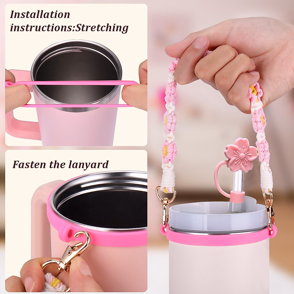 8PCS Cup Accessories Set for Stanley Tumbler 30 oz & 40 oz Cups with Handle, Including Strap,Straw Bow Decorate,Strawv Topper,Silicone Spill-Proof Stopper,Handle Charms,Decor for Boy Girl (white)