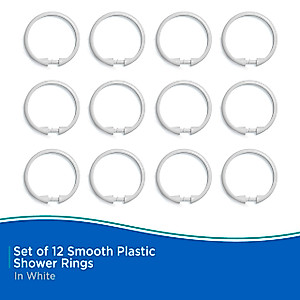 Kenney KN61217 Rust-Proof Smooth Plastic Shower Curtain Rings for Shower Curtain and Standard Shower Curtain Rod, Bathroom Use, Easy to Snap Closure, Easy to Install, Set of 12, White