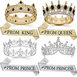 Hinly 8 Pcs Homecoming Prom Tiara Sash Set Prom King and Queen Crown Tiara Princess's and Prince's Royal Crowns Shiny Satin Sash for Homecoming Party Cosplay Favors(Exquisite)