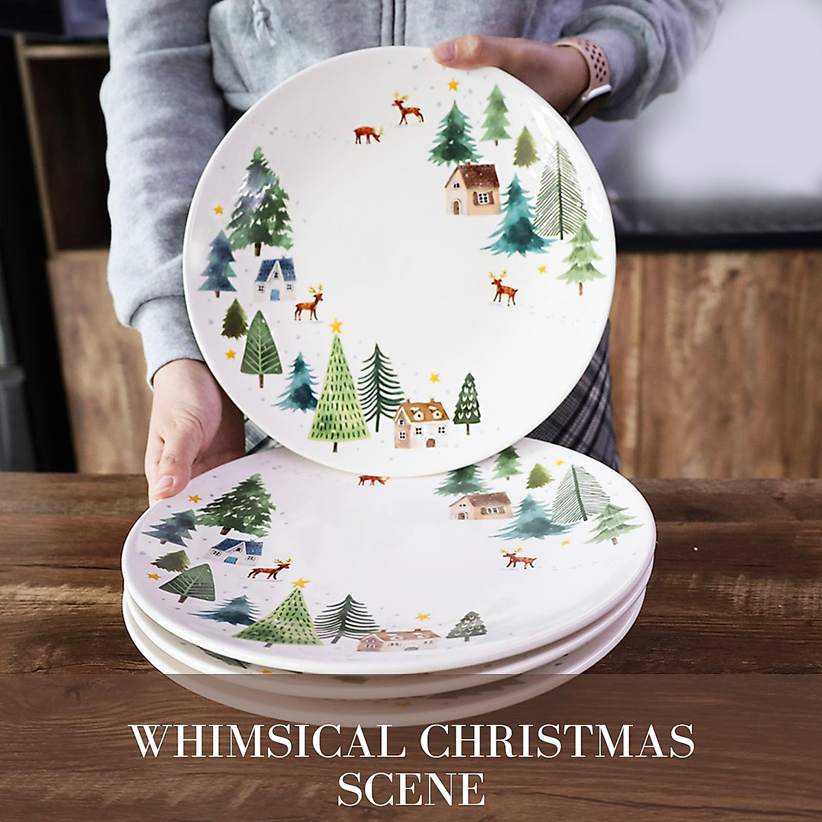 Sonemone Winter Wonderland Dinner Plates Set of 4, 11 Inch Ceramic Plates, Large Dinnerware Dish Set for Kitchen, Dinner, Salad, Dessert, Microwave & Dishwasher Safe, Scratch Resistant