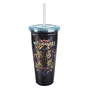 Harry Potter Hogwarts Travel Cup with Straw, 22 oz - Acrylic Tumbler with Gold Hogwarts Crest Design - Gift for Kids and Adults
