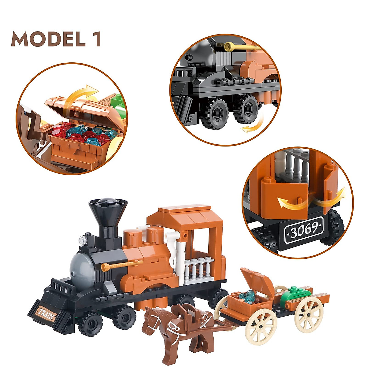 3in1 Train Horse Carriage Building Kit, Horse Stable and Animal Horses, Inn and Carriage with Horn Decoration, Creative Western Cowboy Themed Gifts for Boys Ages 6 Years and Up, 212 Pcs