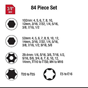 Sunex 3569 3/8" Dr. Master Hex Bit Impact Socket Set (84 Piece)
